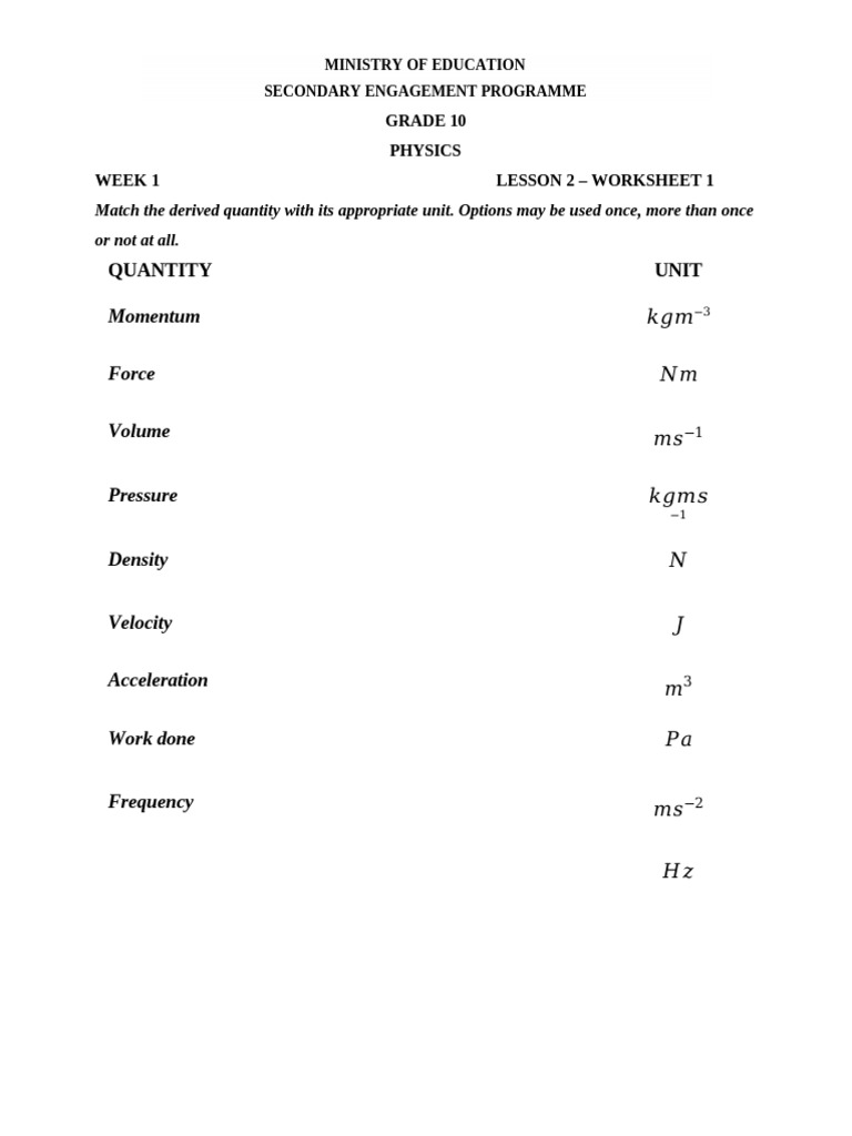 Grade 10 Physics Week 1 Lesson 2 Worksheet 1 and Answersheet Sept 2024 | PDF | Force | Momentum