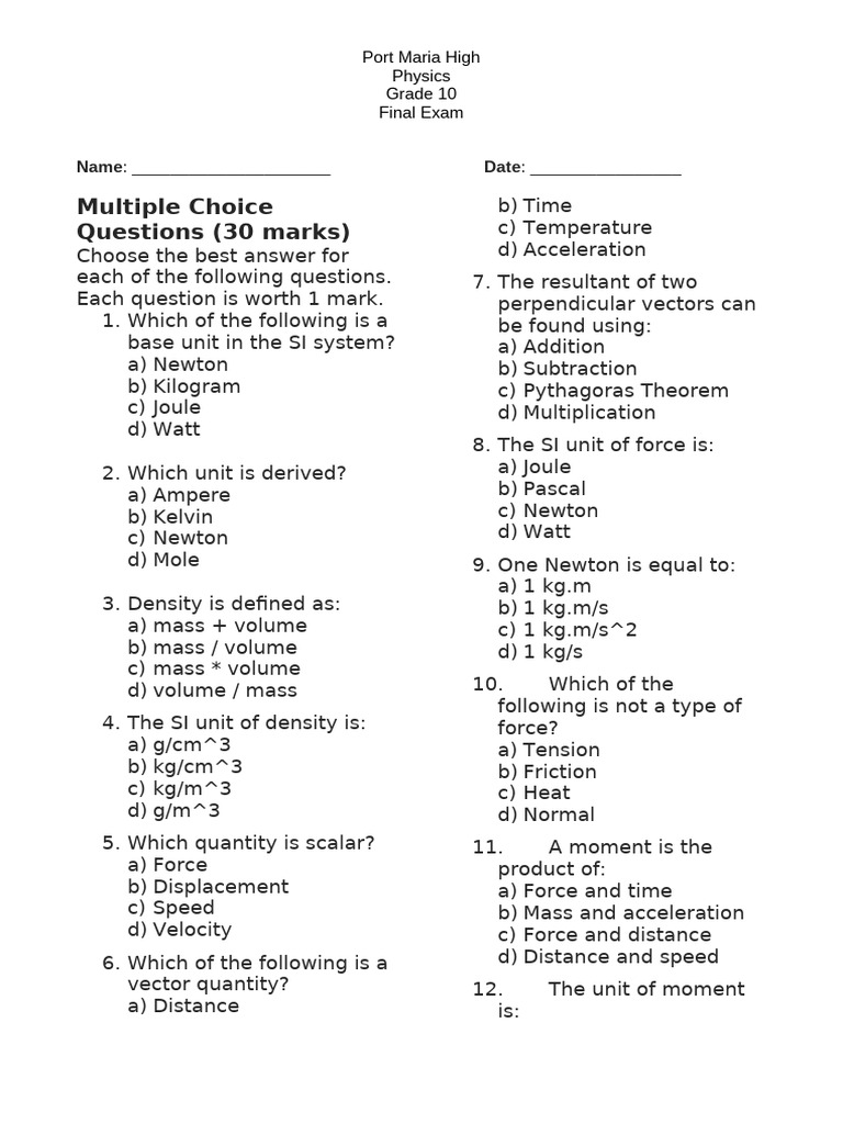 Grade 10 Final Exam Physics | PDF | Force | Velocity