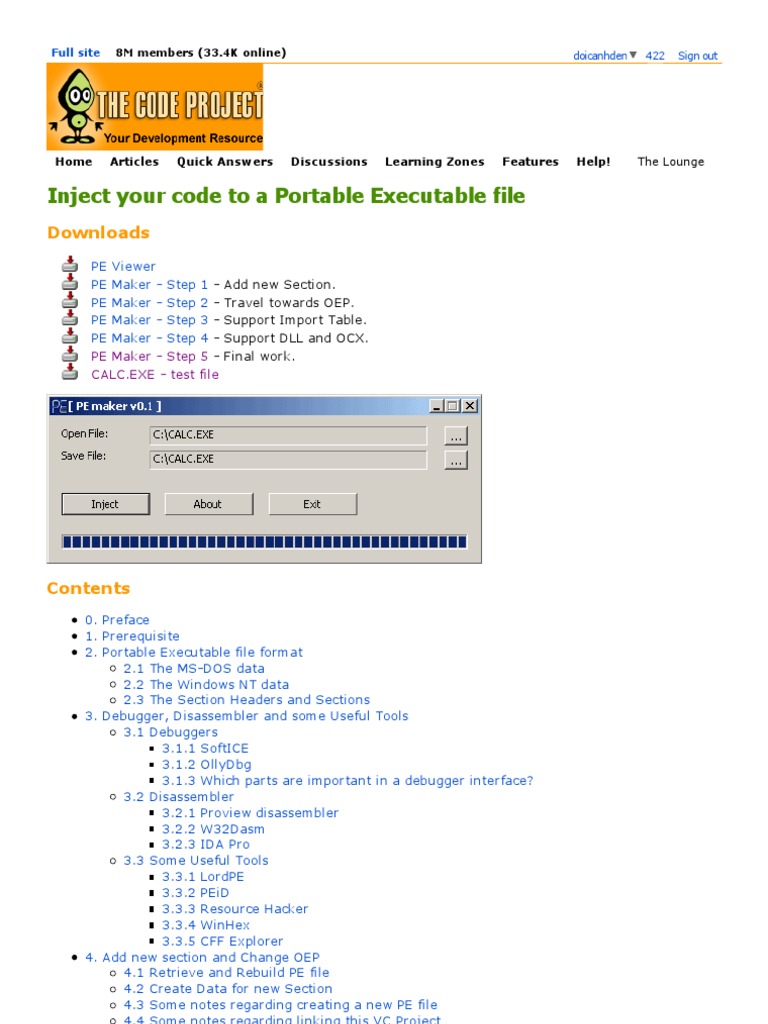 Inject Your Code To A Portable Executable File - CodeProject® | Download Free PDF | Operating ...