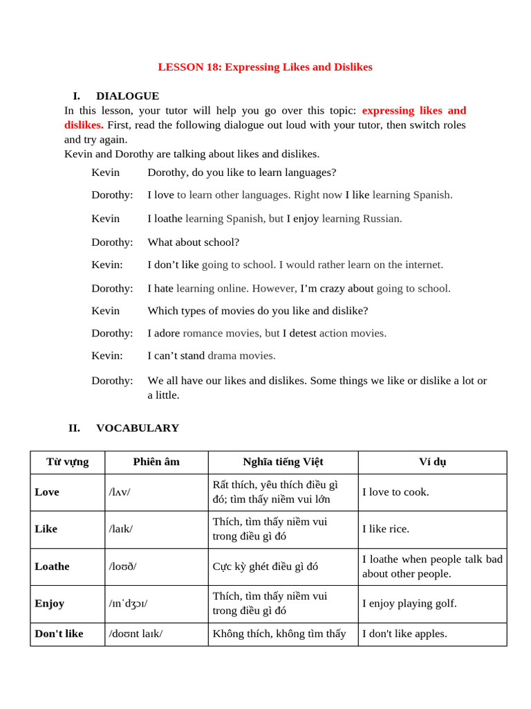 Expressing Likes and Dislikes Lesson | PDF | Foods | Cuisine