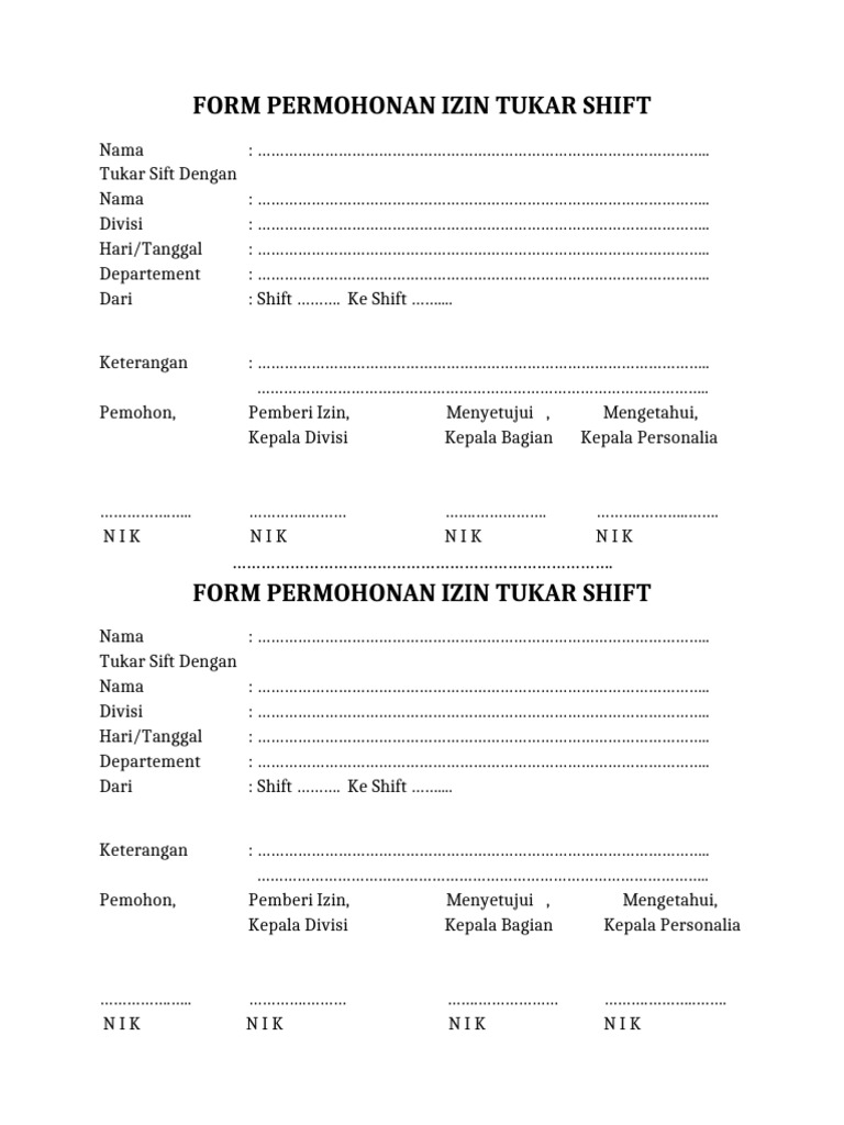 Form Permohonan Izin Tukar Shift | PDF
