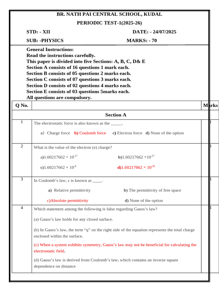 Class 12 Physics Ans Key | PDF | Electric Field | Capacitor