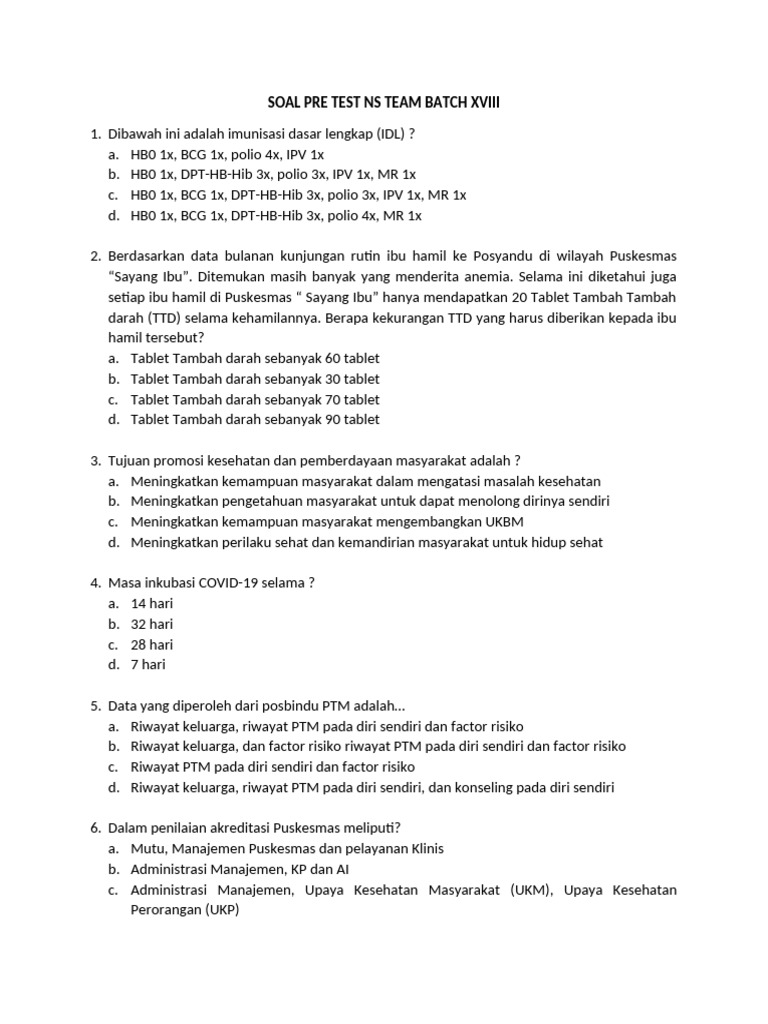 Soal Pre Test Kesehatan Batch XVIII | PDF