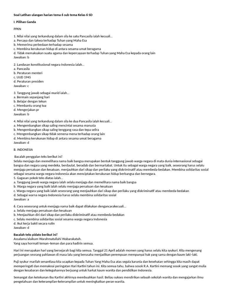 Soal Ulangan Harian Tema 6 Kelas 6 SD | PDF