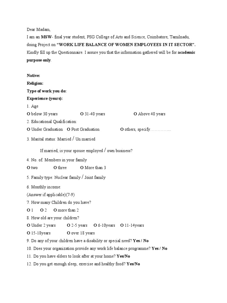 Work Life Balance Questionnaire | PDF