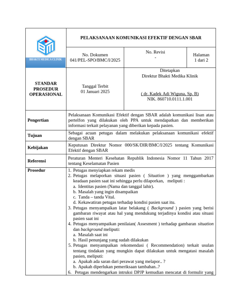 Spo Pelaksanaan Komunikasi Efektif Dengan Sbar | PDF