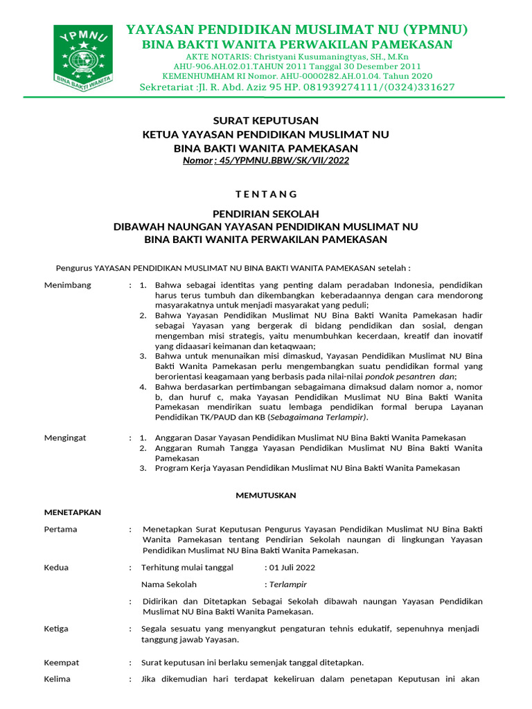 Pendirian Sekolah YPMNU Pamekasan | PDF