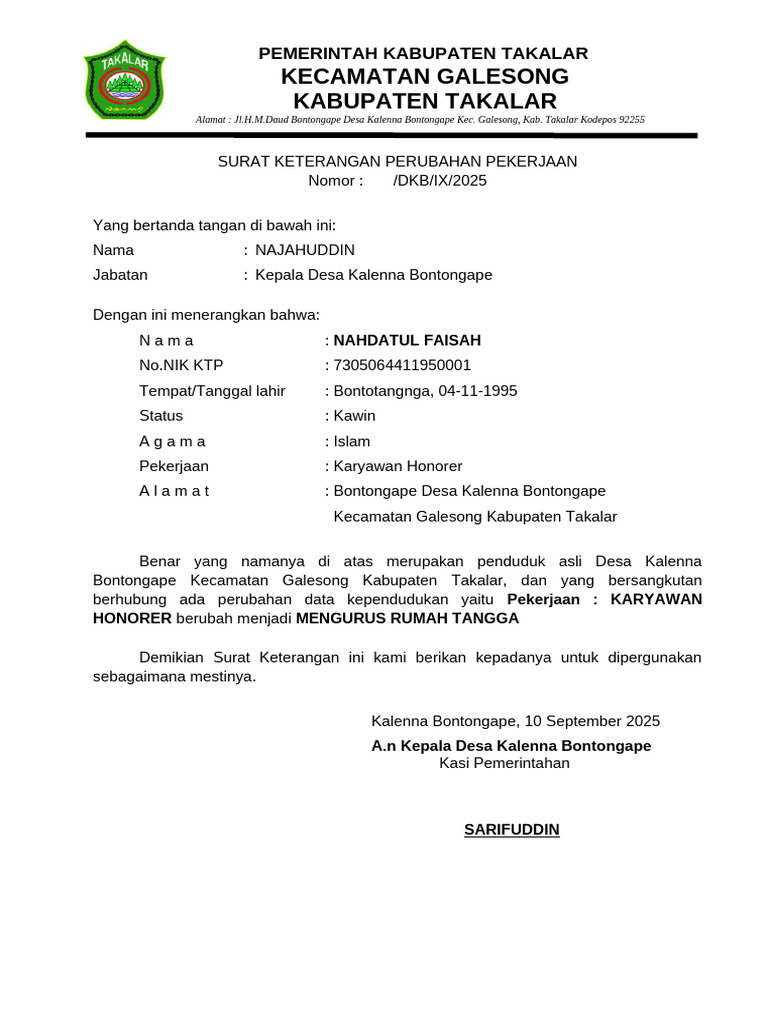 Surat Keterangan Perubahan Pekerjaan | PDF