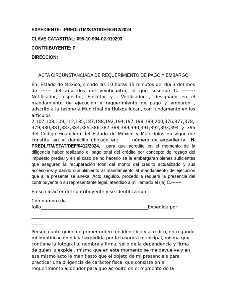 Acta de Embargo por Impuesto Predial | PDF