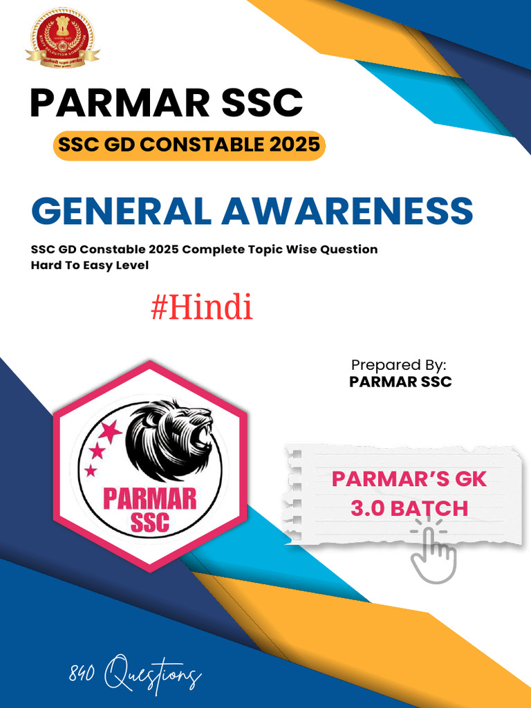 SSC GD 2025 General Awareness Hindi Medium TopicWise Questions With ...