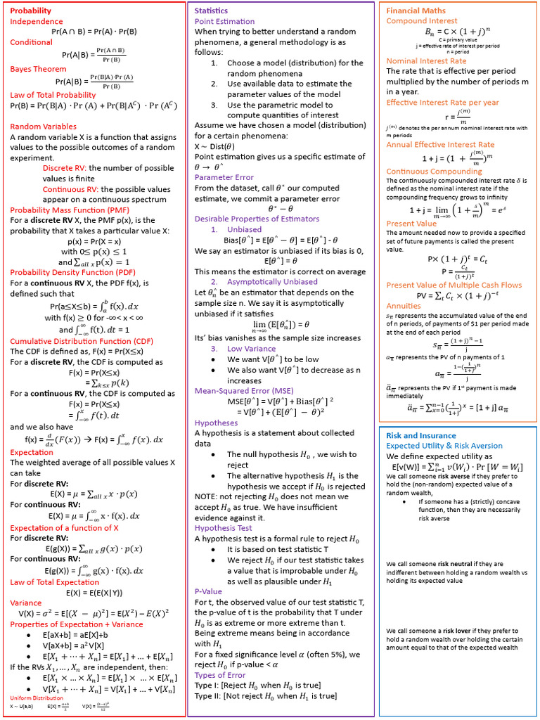 Actl1101 Reference Sheet | PDF | Probability Theory | Probability
