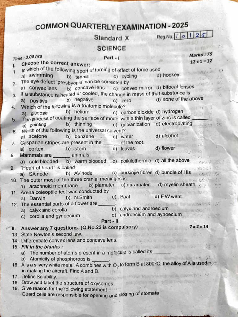 10th Common Exam Quarterly Question Papers 2025 | PDF | Mole (Unit ...