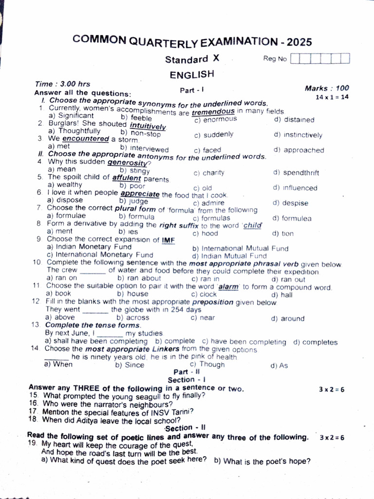 10th Common Exam Quarterly Question Papers 2025 | PDF