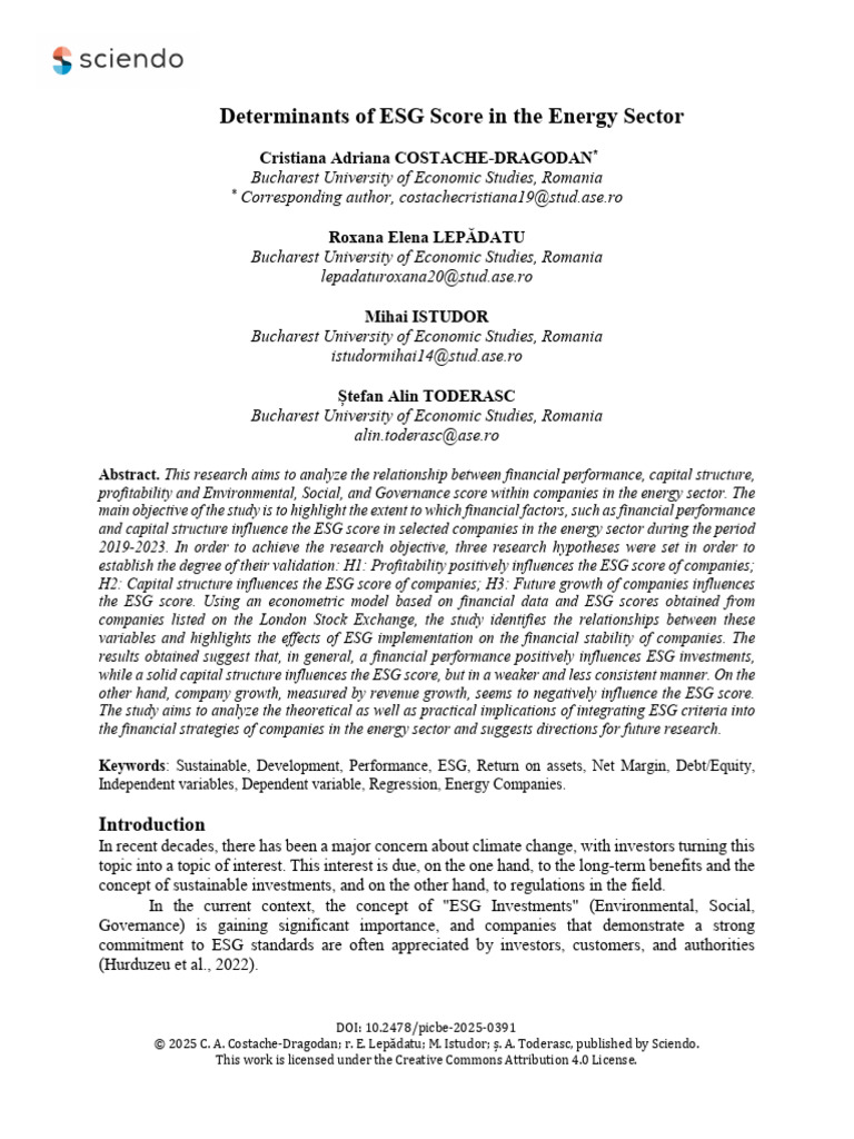 Determinants of ESG Score in The Energy Sector | PDF | Fixed Effects ...