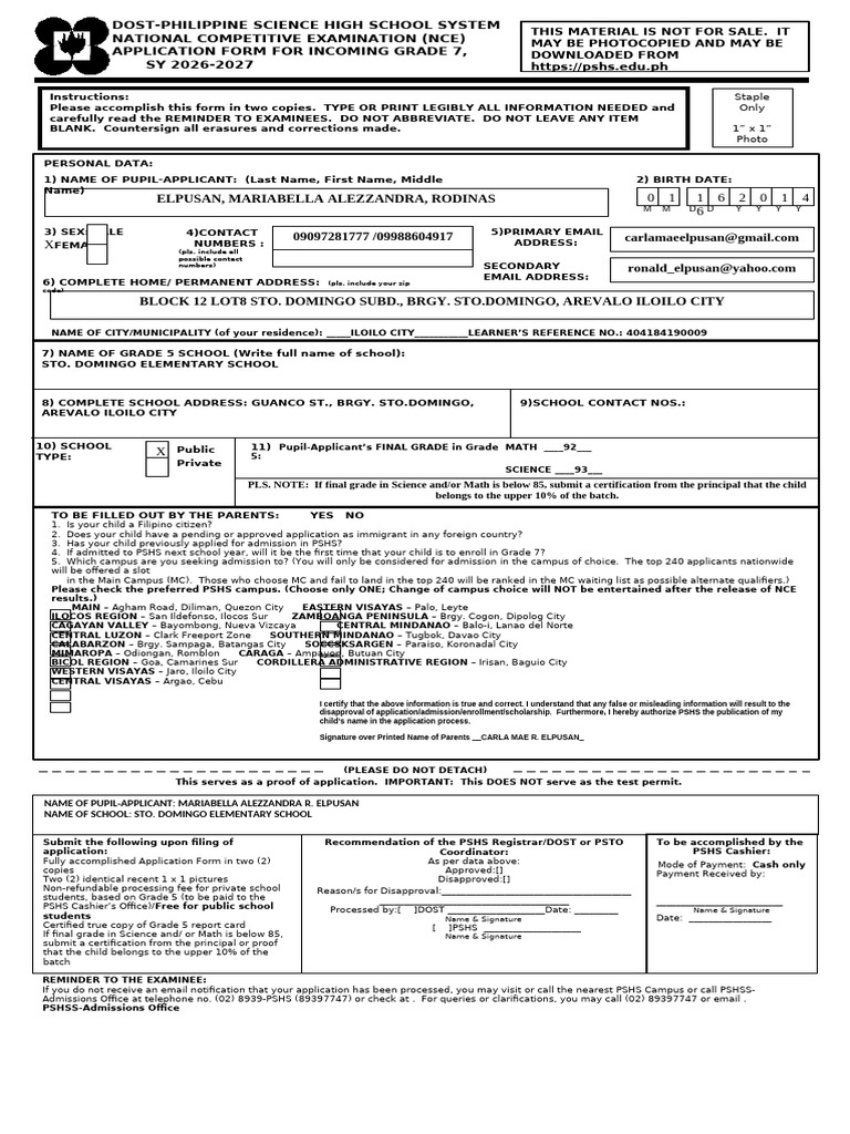 NCE Application Form for Grade 7, SY 2026-2027 | PDF | Mindanao | Luzon