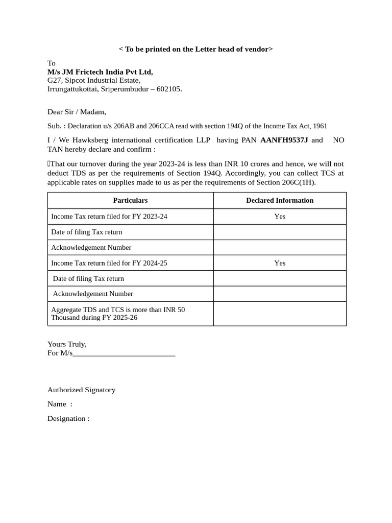 Income Tax Declaration Format | PDF