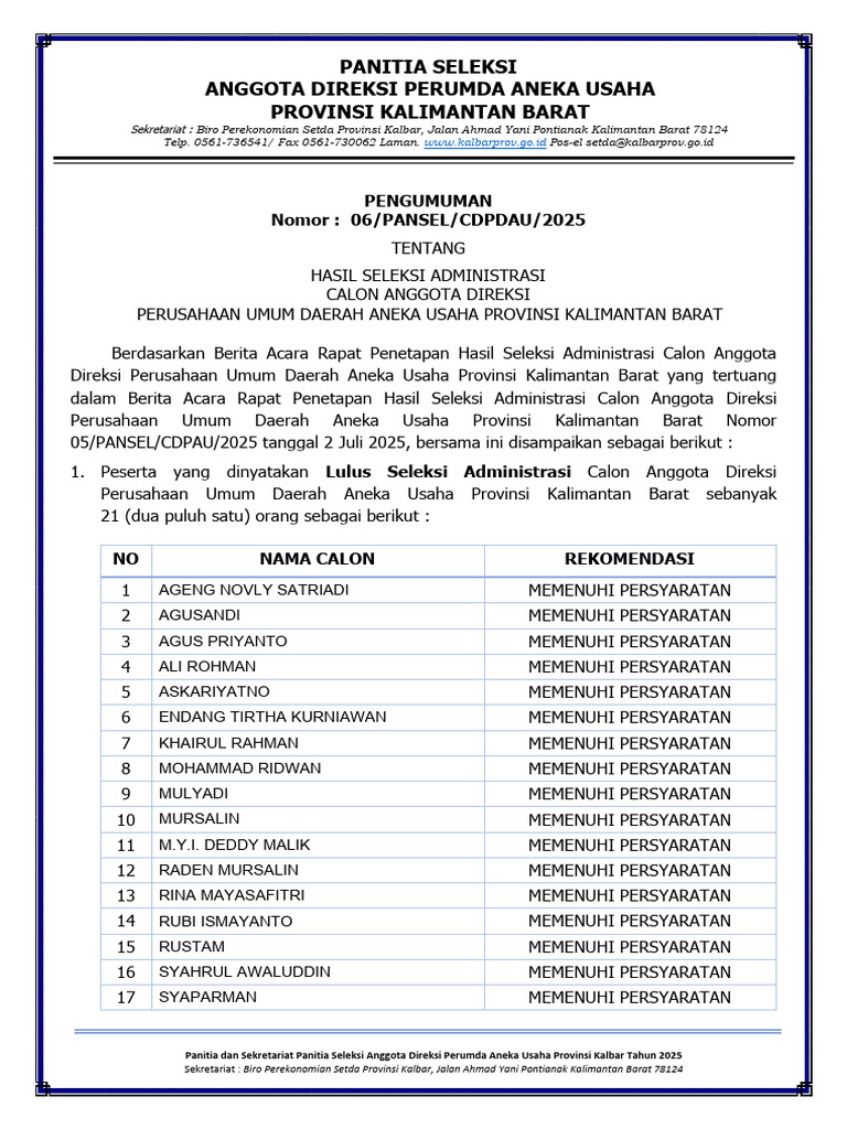 Hasil Seleksi Anggota Direksi Perumda Kalbar | PDF
