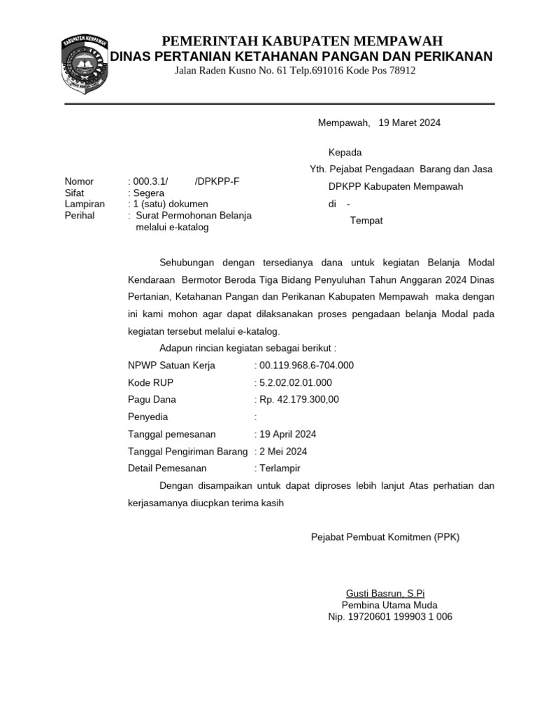 Permohonan Belanja Kendaraan DPKPP Mempawah | PDF