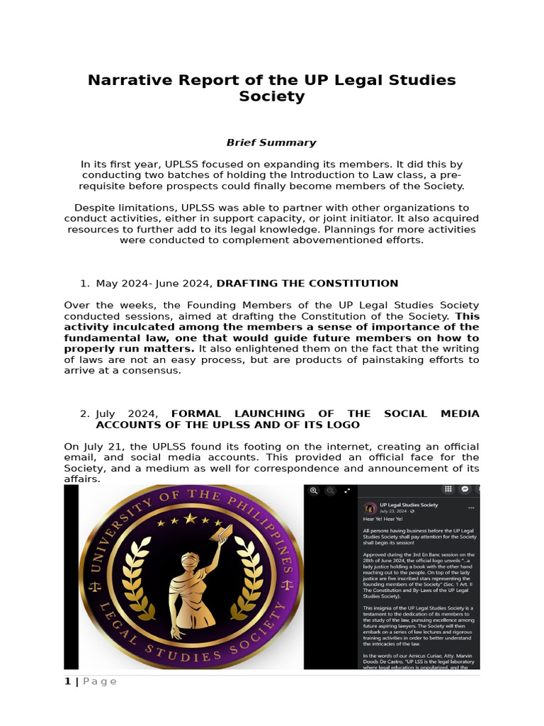 UP Legal Studies Society Year One Report | PDF