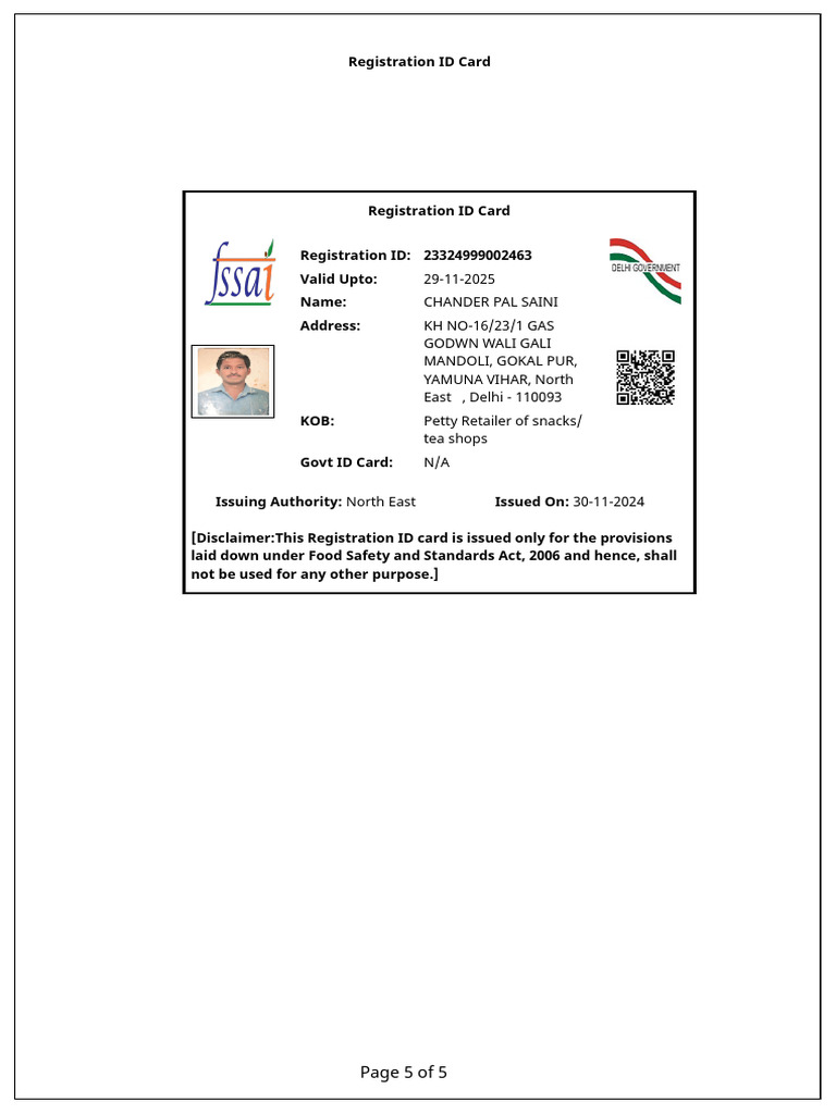 Registration ID Card for Food Retailer | PDF