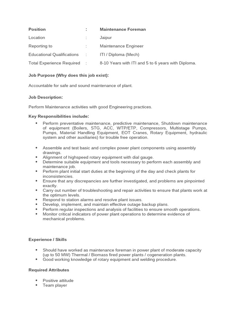 JD For Maintenance Foreman | PDF