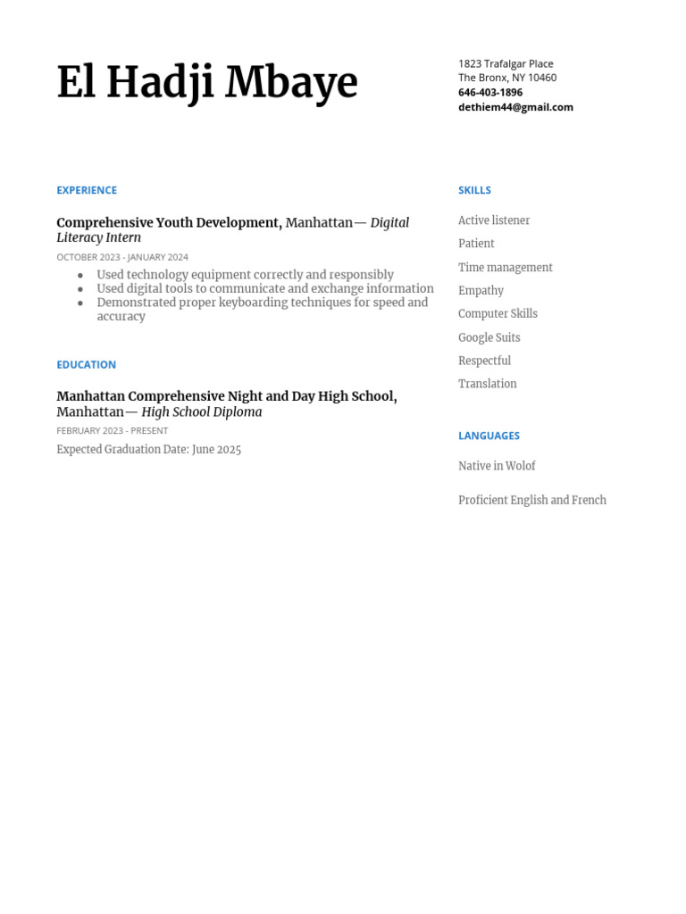 Digital Literacy Intern Resume | PDF