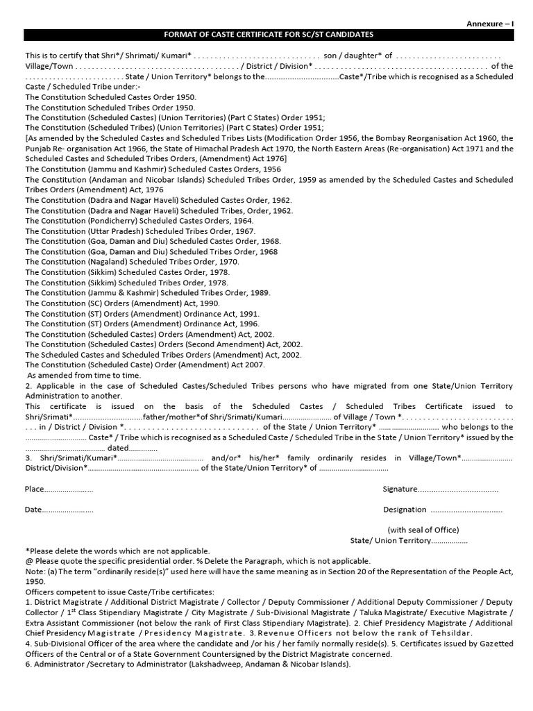 Caste Certificate Format for SC/ST Candidates | PDF | Government Of ...