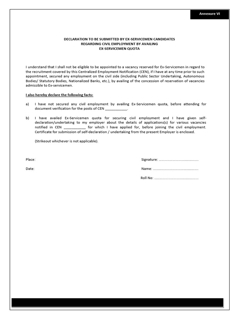 Cen - 02 - Declaration To Be Submitted by Ex-Servicemen Candidates | PDF