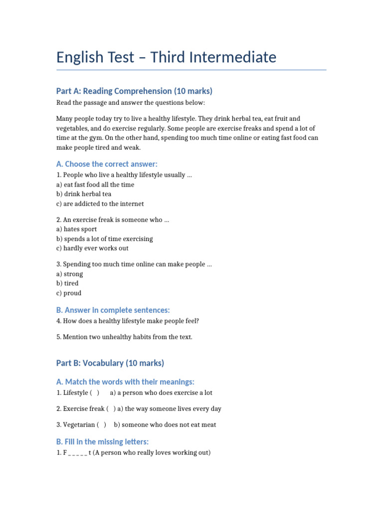 English Test for Third Intermediate | PDF