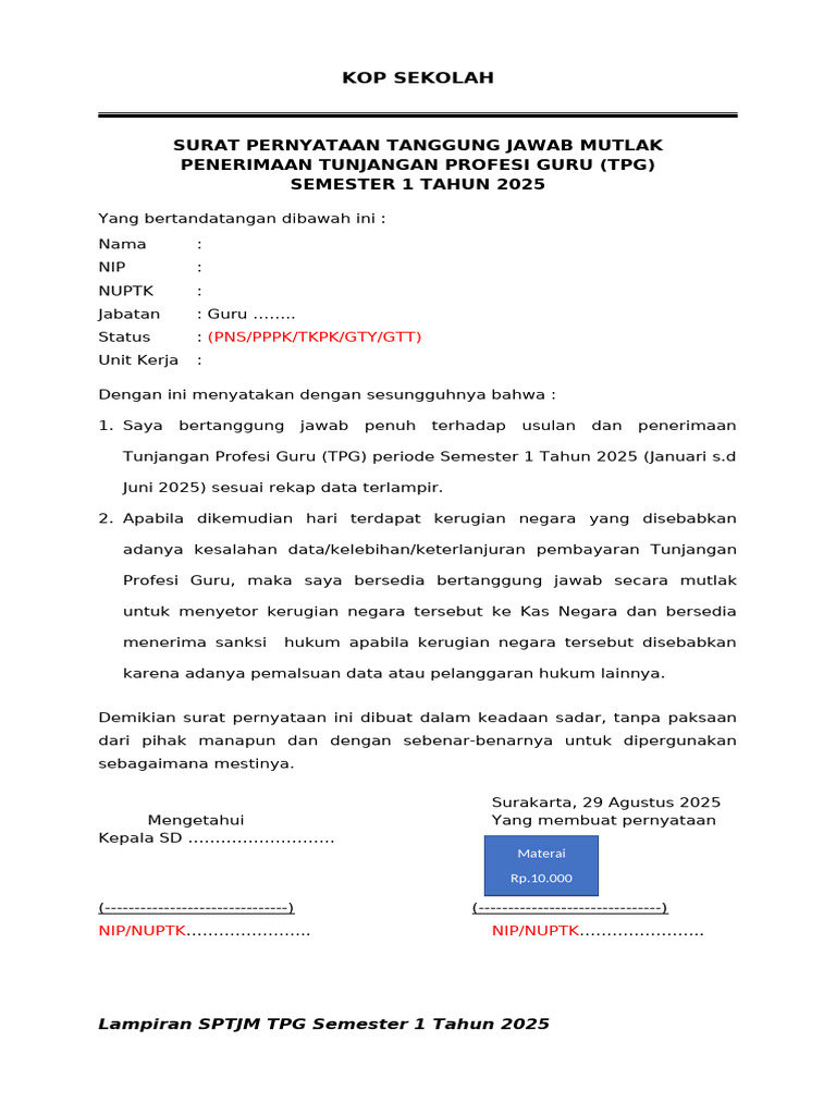 Form SPTJM TPG Semester 1 2025 | PDF
