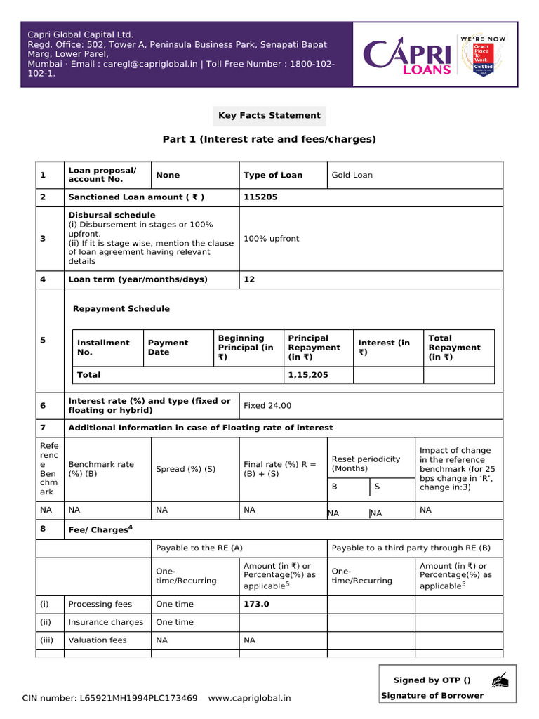 Part 1 (Interest Rate and Fees/charges) : Key Facts Statement | PDF ...