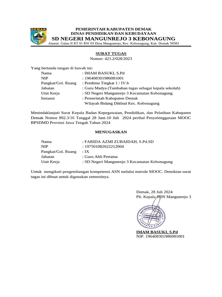 Surat Tugas MOOC untuk ASN Demak | PDF