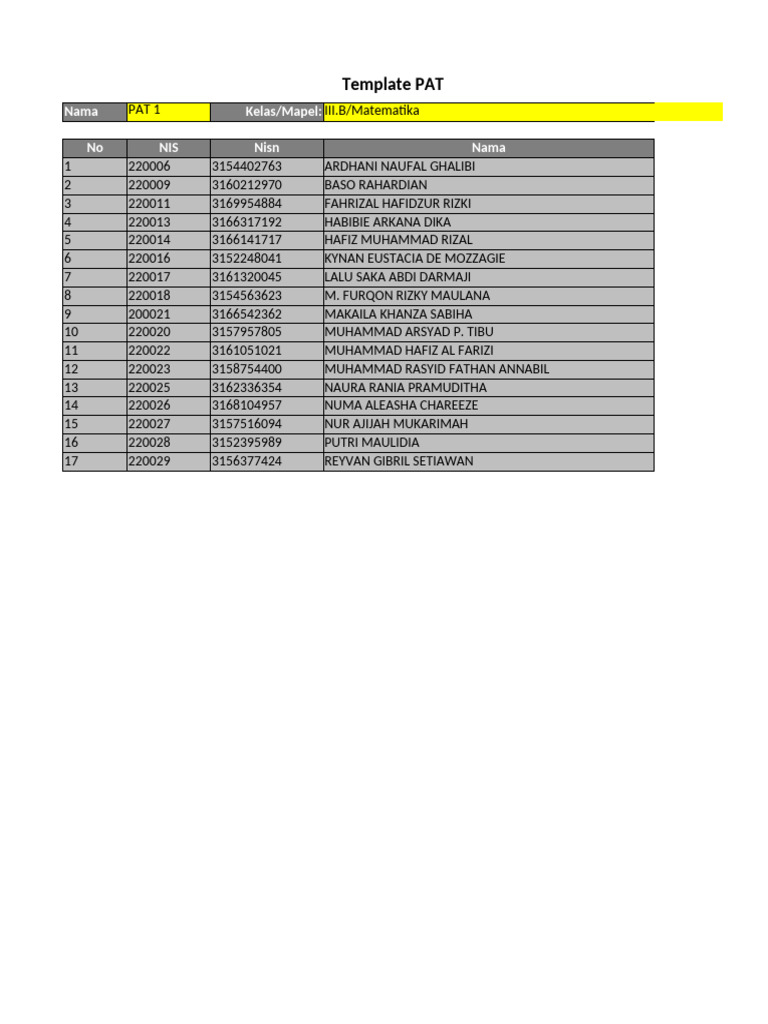 PAT 1 Matematika Kelas III.B Data Siswa | PDF