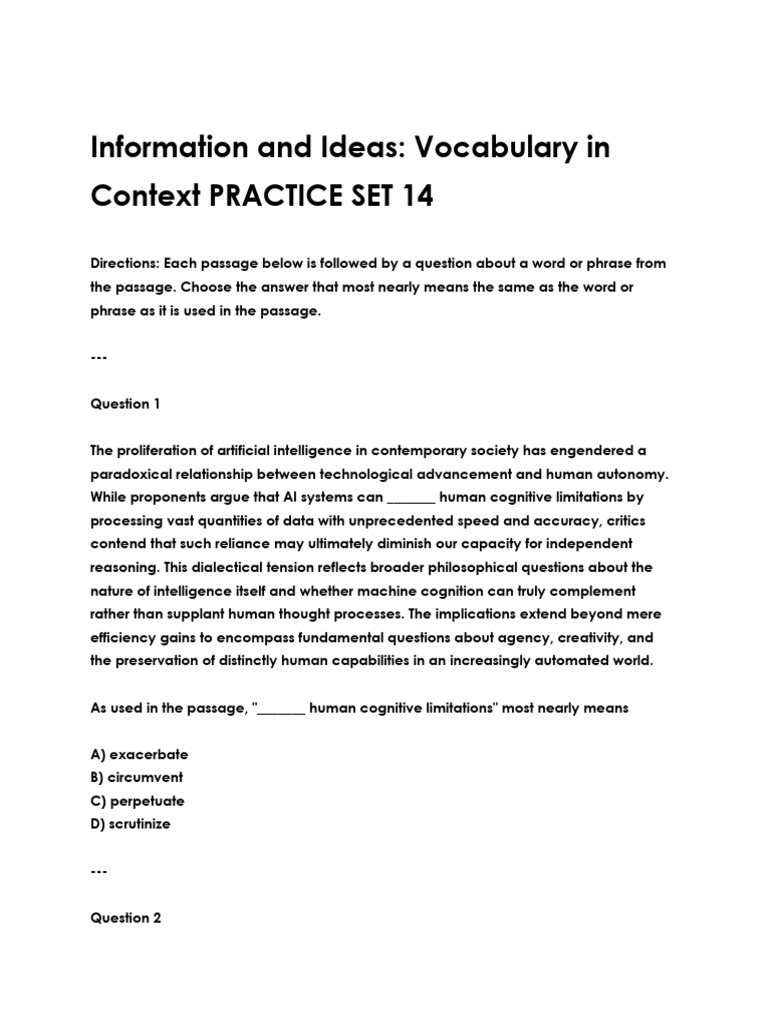 Information and Ideas - Vocabulary in Context PRACTICE SET 13 | PDF ...
