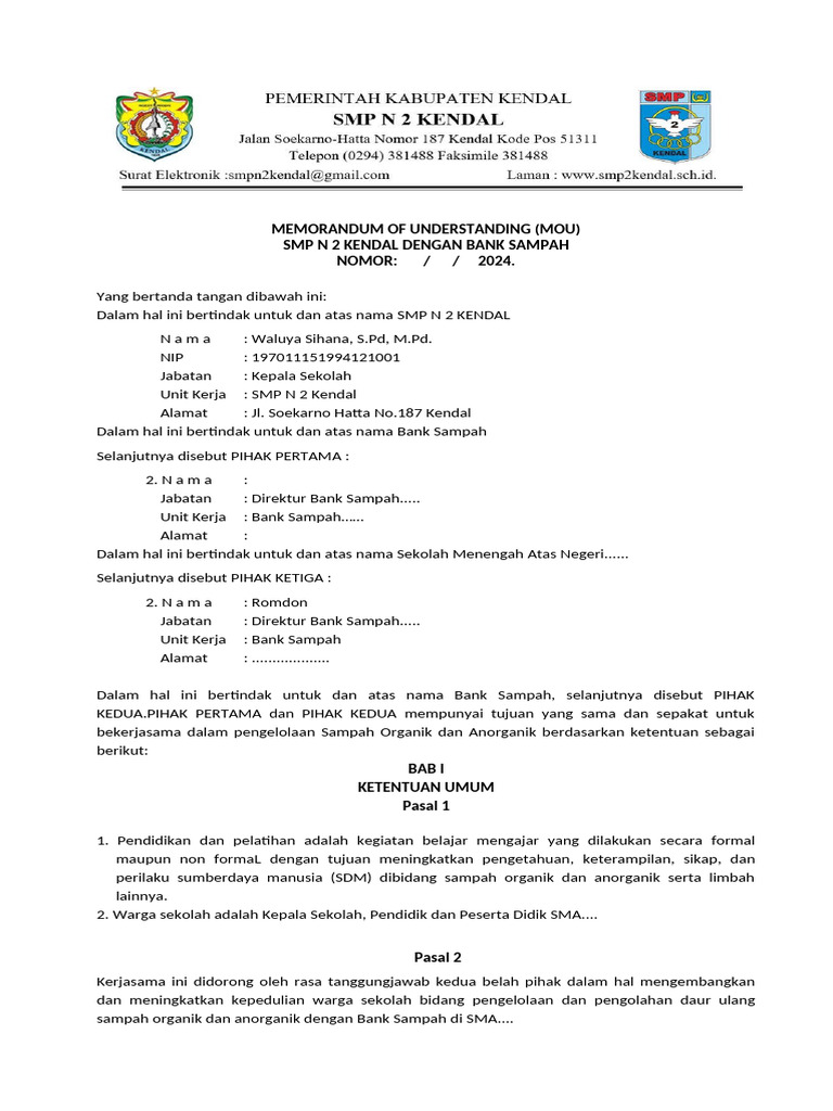 MOU Pengelolaan Sampah SMP N 2 Kendal | PDF