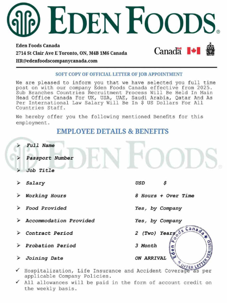 Sher Bahadur Khadka Joining Letter Eden Foods Company Canada | PDF