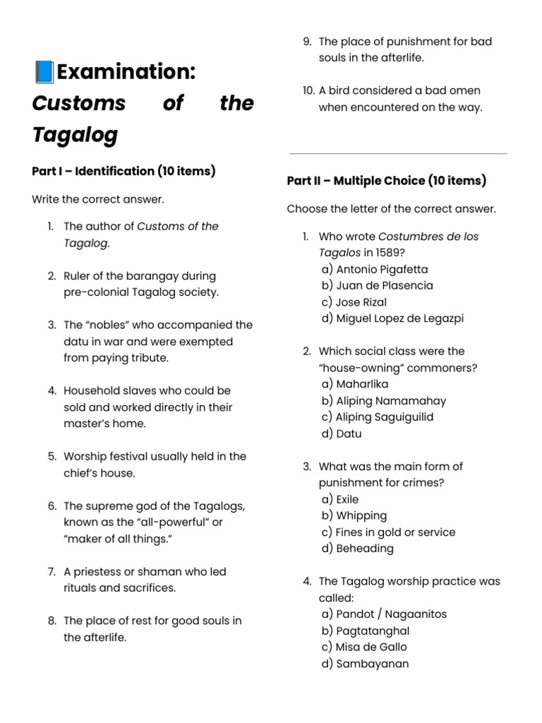 Tagalog Customs Exam Questions and Answers | PDF | Religious Belief And ...
