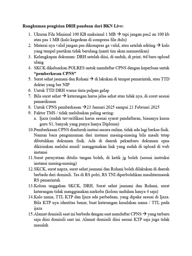 Rangkuman Pengisian DRH Panduan Dari BKN Live | PDF