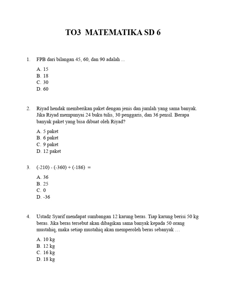 Soal Matematika SD Kelas 6 Lengkap | PDF