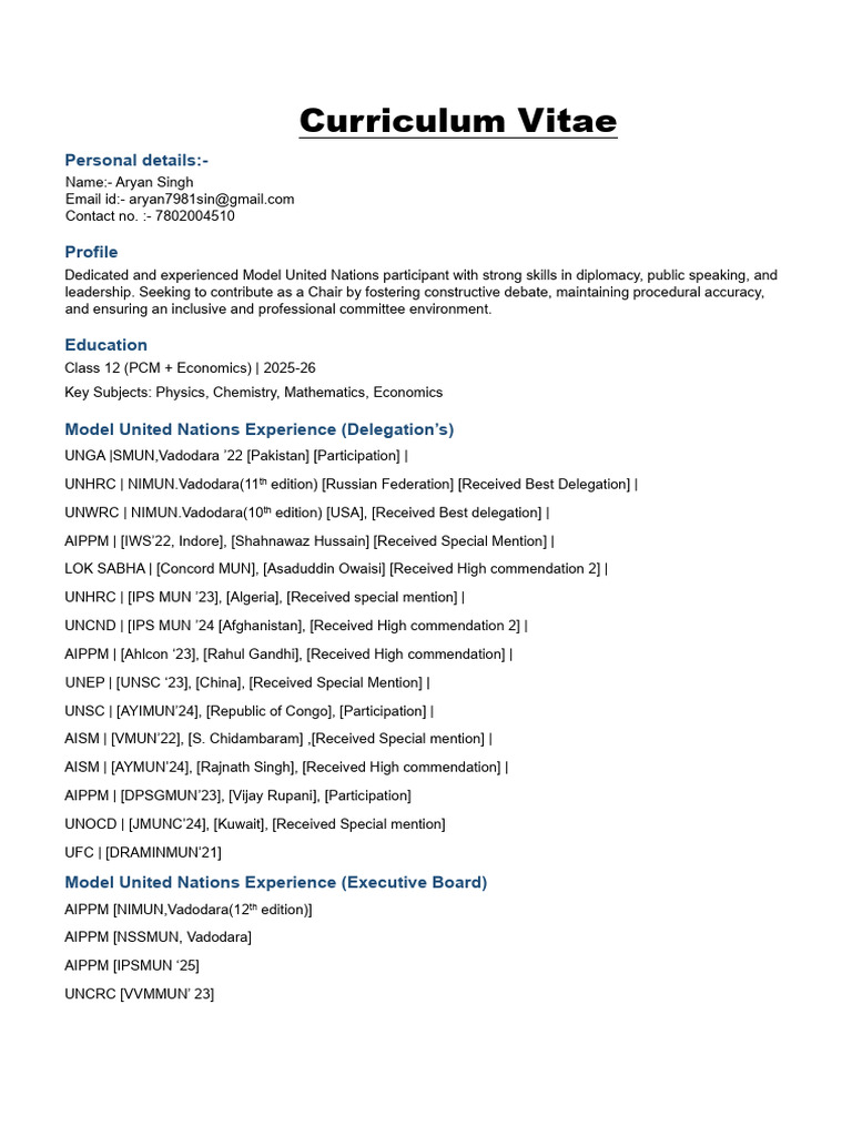 MUN CV of Aryan Singh | PDF