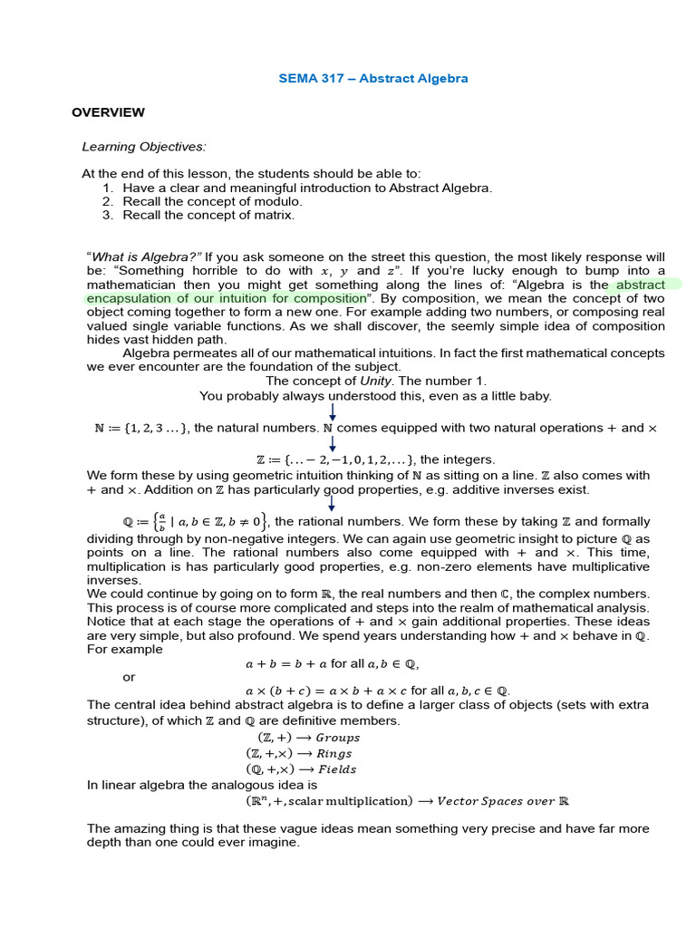 SEMA 317 - Lesson 1. Binary Operations | PDF | Integer | Rational Number