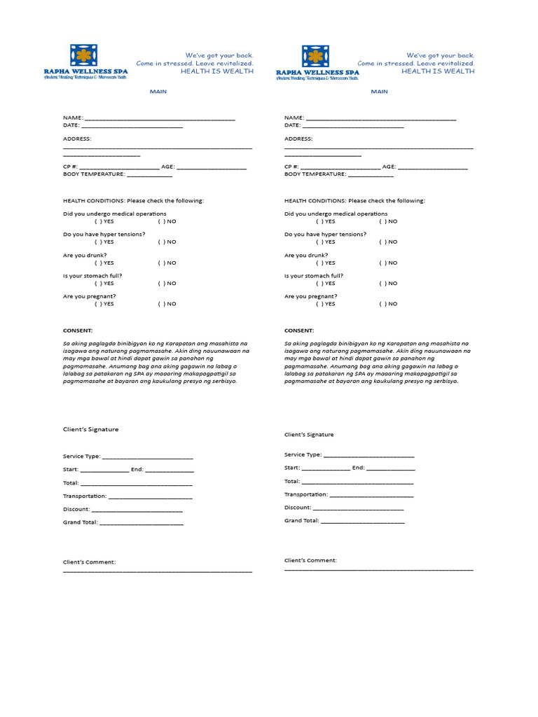 Spa Client Health Consent Form | PDF
