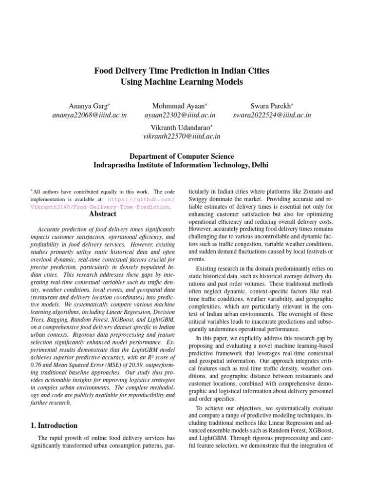 Food Delivery Time Prediction in Indian Cities Using Machine Learning Models | PDF | Mean ...