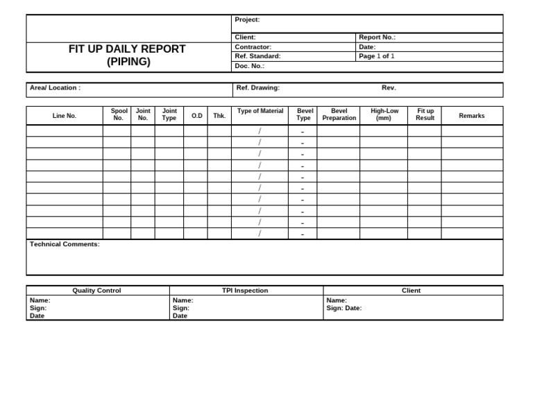 Piping Daily Fit Up Quality Control and Inspection Report Form | PDF