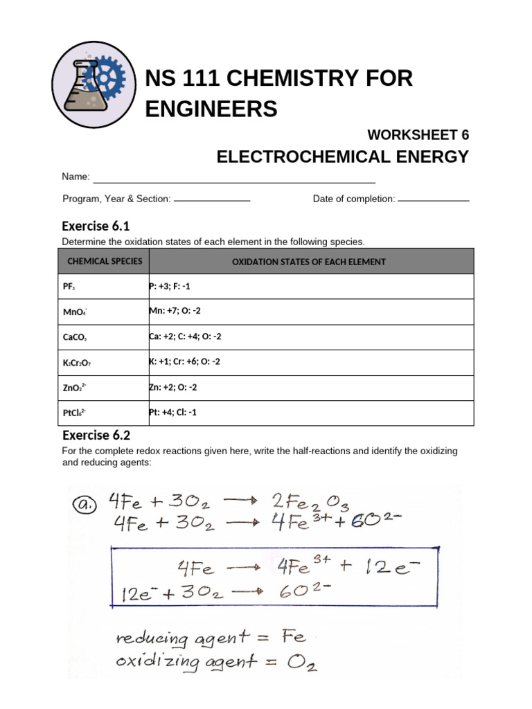 Worksheet 6 Electrochemical Energy | PDF | Electrochemistry | Physical ...