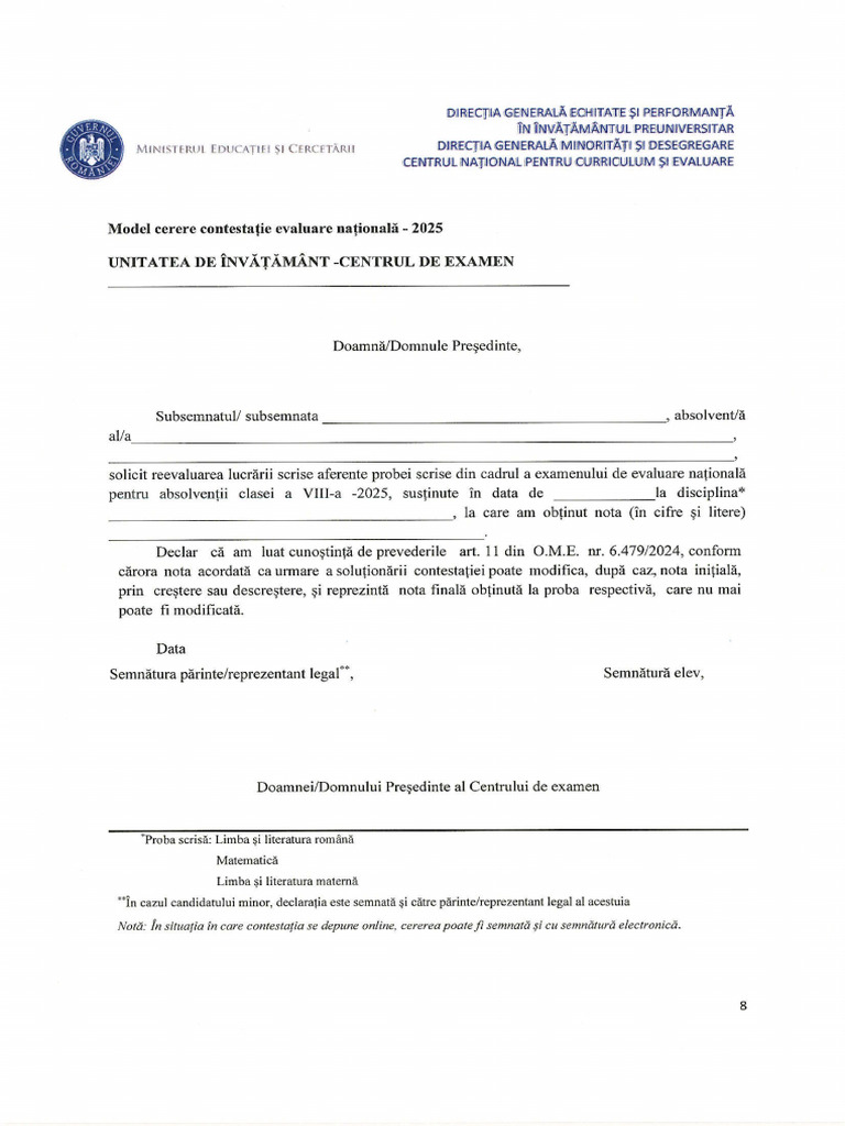 Cerere Contestatie Evaluare Nationala 2025 Procedura Nr.2526 EVNAT 2025 ...