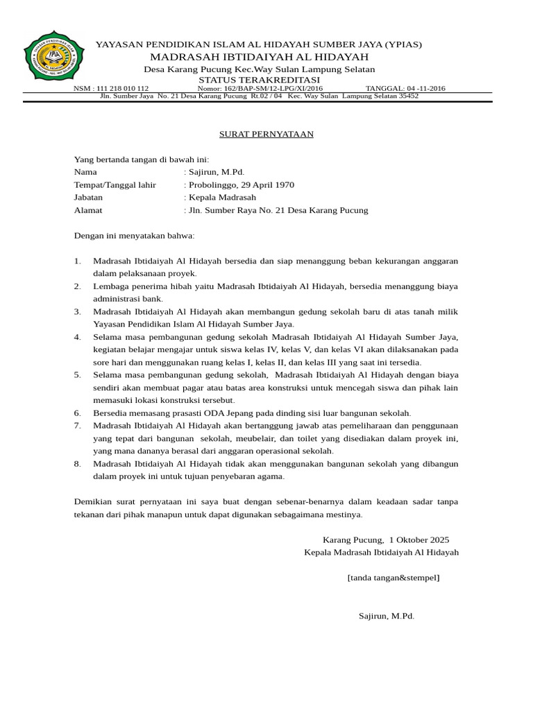 Surat Pernyataan Kamad - 121225 | PDF