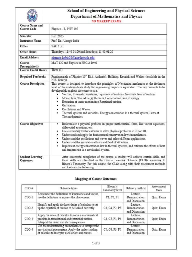 Outline Phy107 Fall 2025 | PDF | Force | Newton's Laws Of Motion
