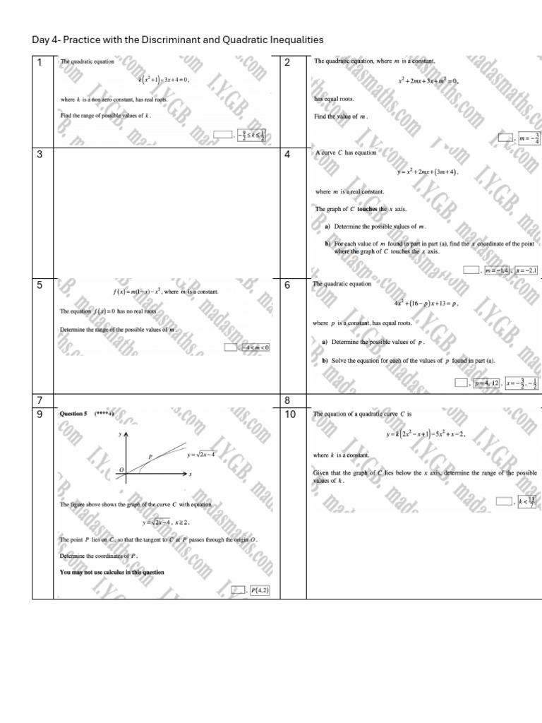 Discriminant & Quadratic Inequalities Practice | PDF
