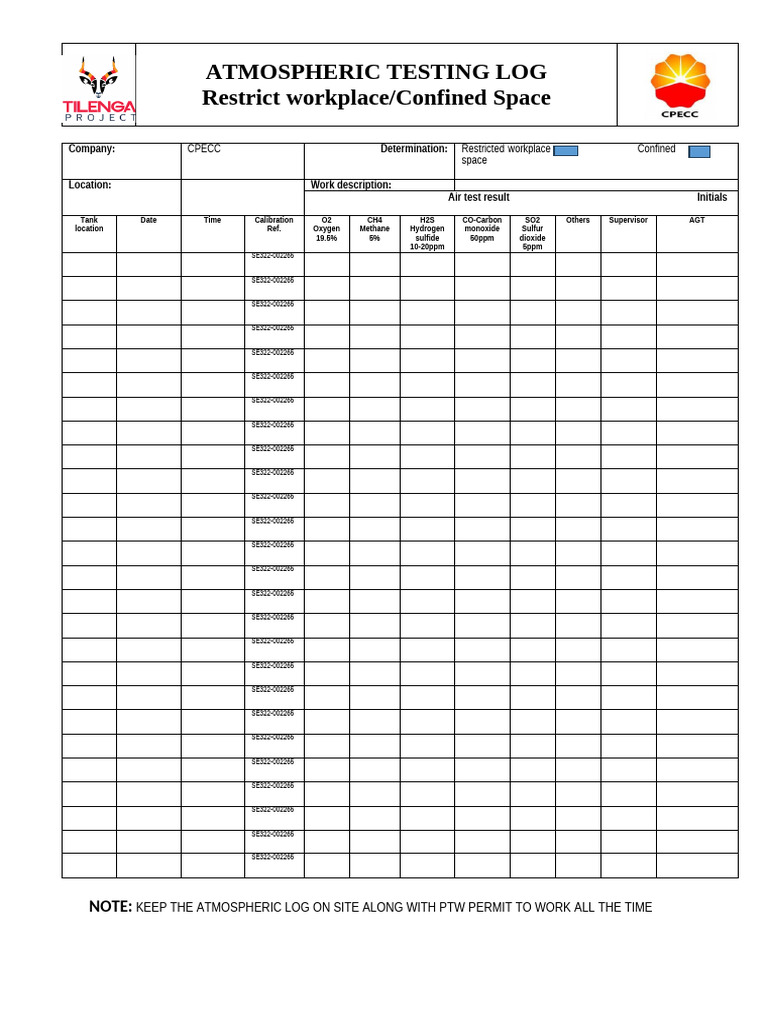 Confined Space Atmospheric Testing Log | PDF